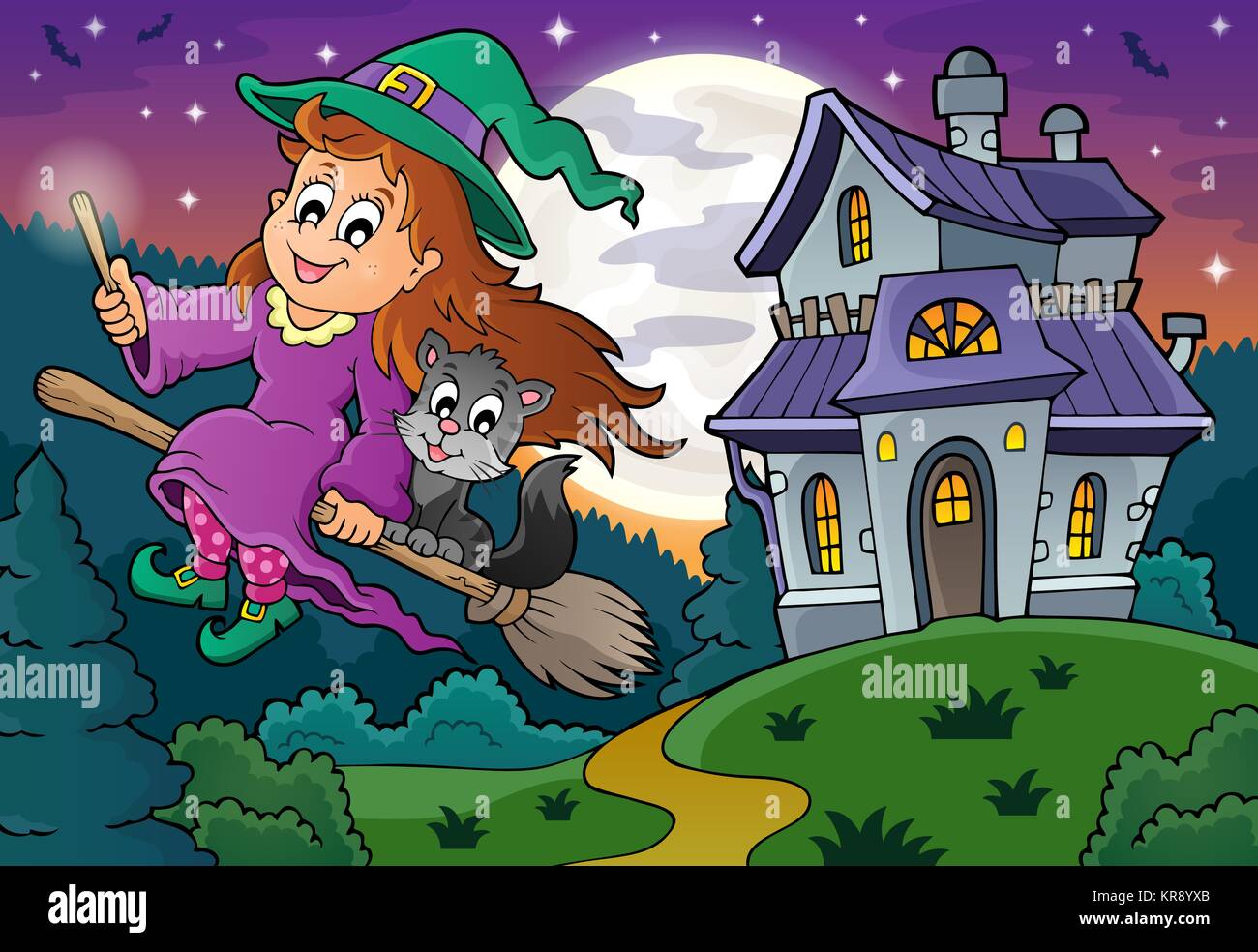 Cute witch on broom near haunted house Stock Photo - Alamy