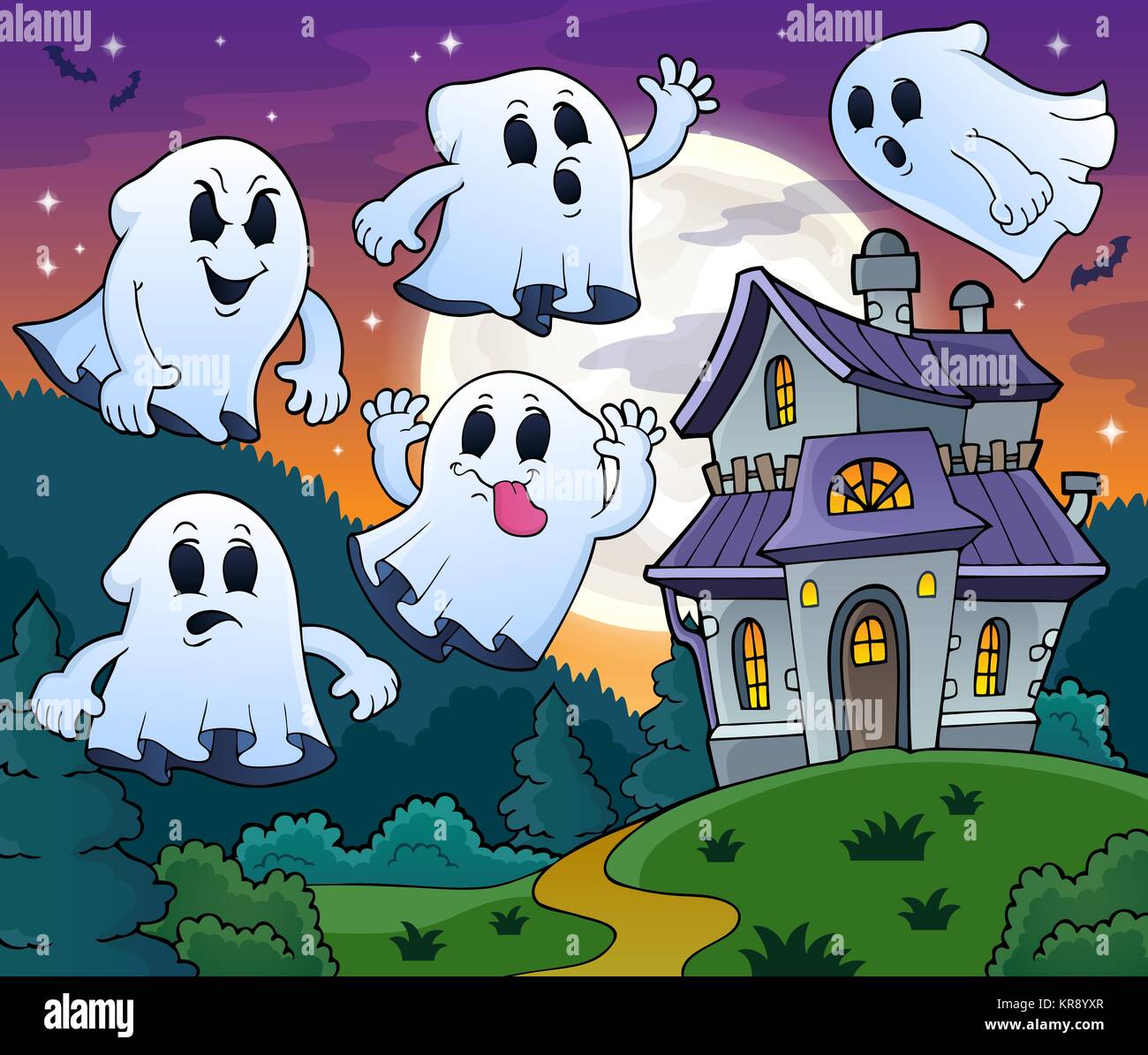 Ghosts near haunted house theme 2 Stock Photo - Alamy