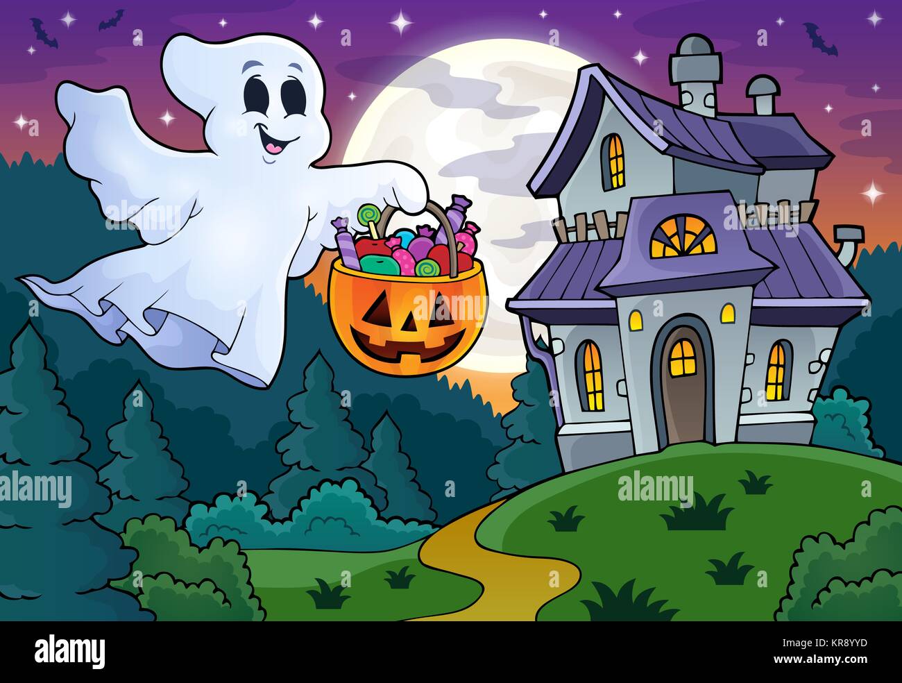 Halloween ghost near haunted house 1 Stock Photo - Alamy
