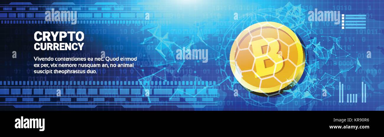 Golden Bitcoin On World Map Horizontal Banner Web Money Networking Technology Crypto Currency ...