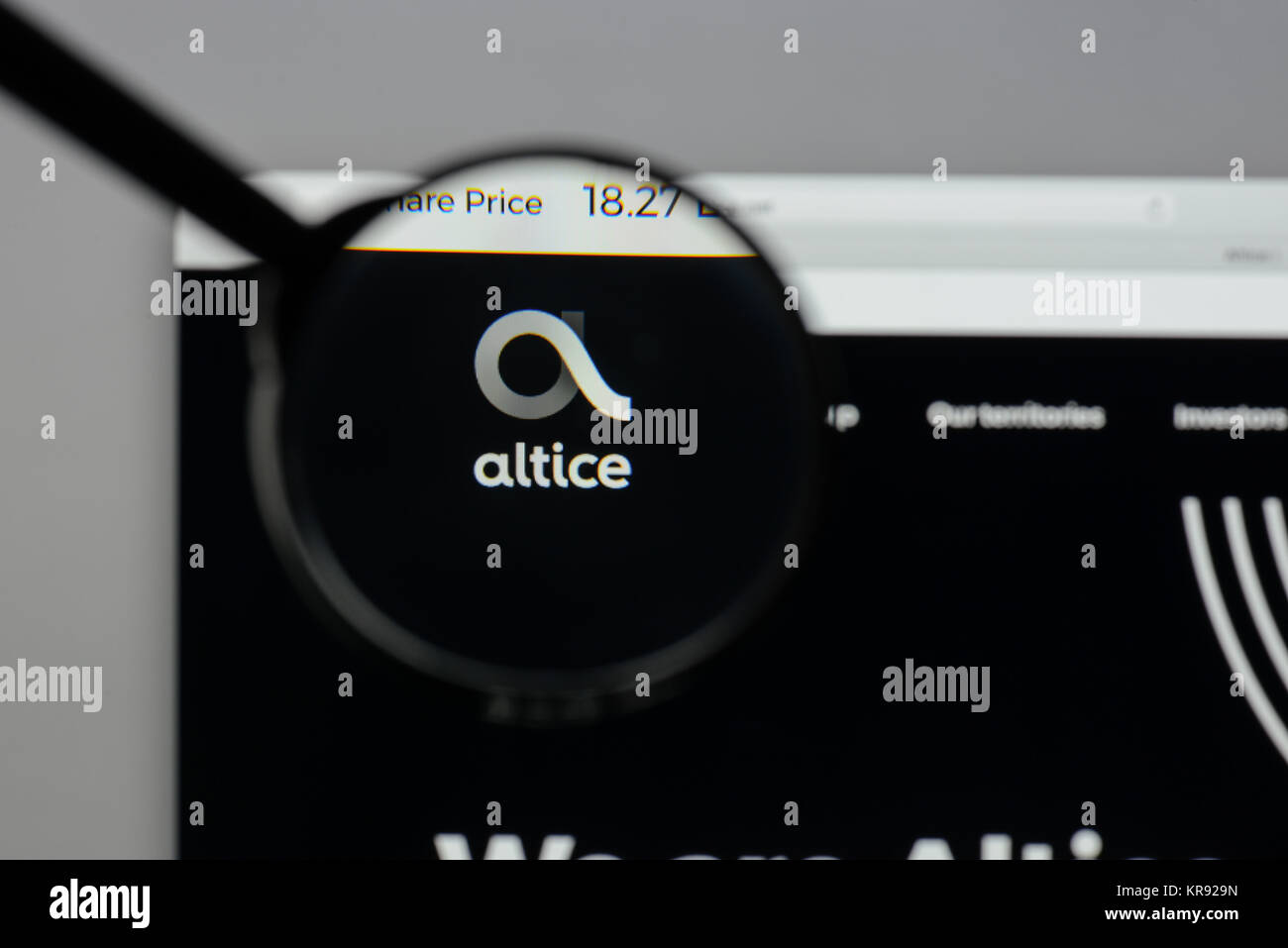 Milan, Italy - August 10, 2017: Altice logo on the website homepage ...