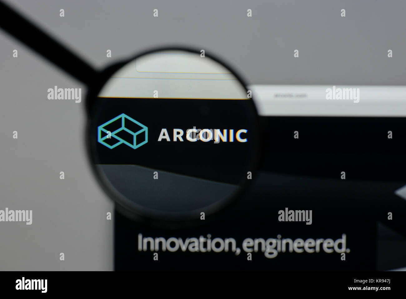 Milan, Italy - August 10, 2017: Arconic logo on the website homepage ...