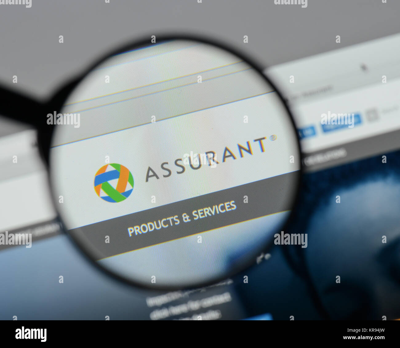 Milan, Italy - August 10, 2017: Assurant logo on the website homepage ...