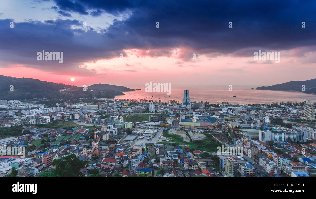 Beautiful aerial view of Patong beach over city in sunset sky Stock ...