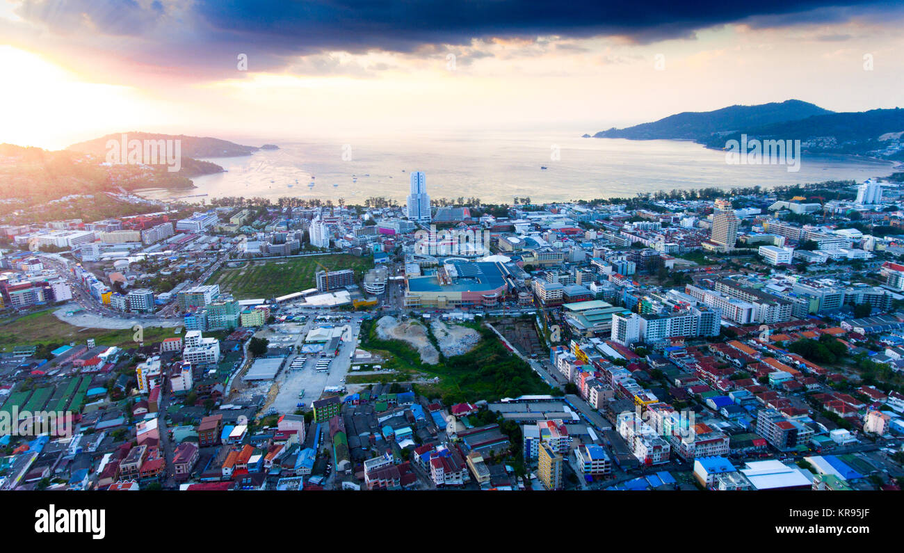 Beautiful aerial view of Patong beach over city in sunset sky Stock ...