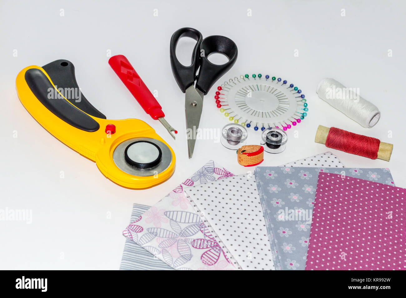 Patchwork quilting instruments, items and fabrics composition Stock ...