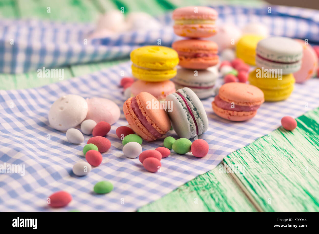 Dessert still life of sweet macaroon cookies and marshmallow Stock ...