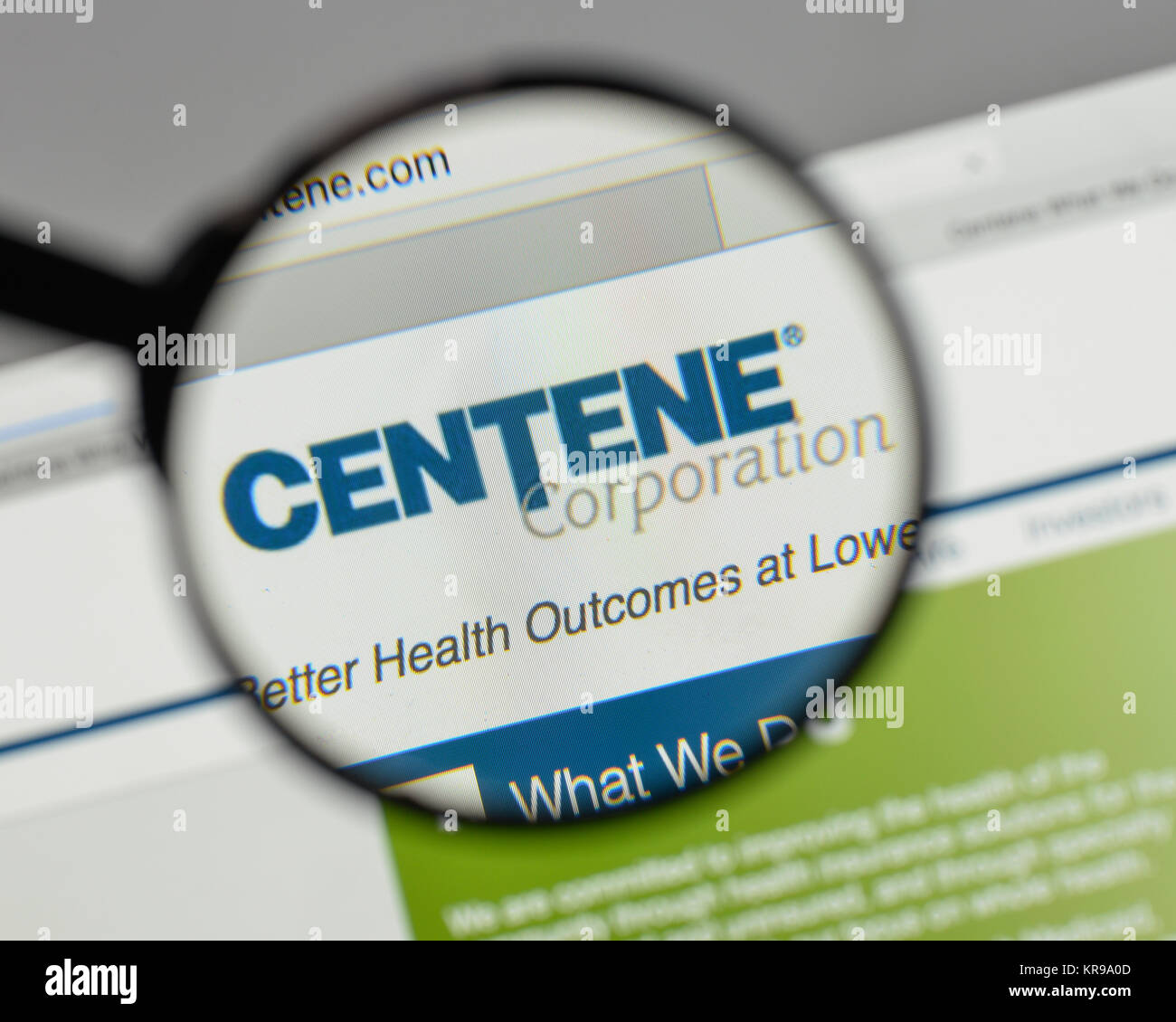 Milan, Italy - August 10, 2017: Centene logo on the website homepage ...