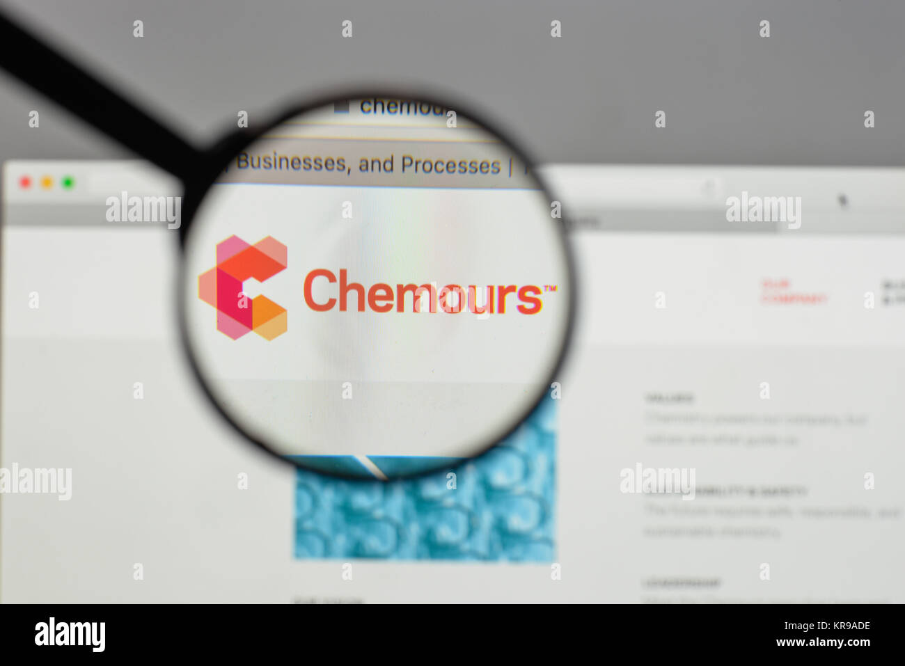 Milan, Italy - August 10, 2017: Chemours logo on the website homepage ...