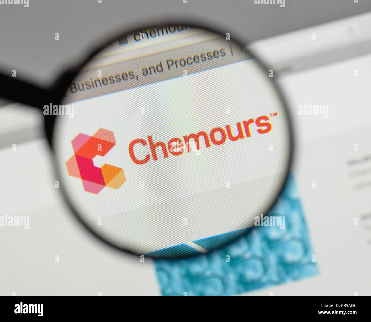 Milan, Italy - August 10, 2017: Chemours logo on the website homepage ...