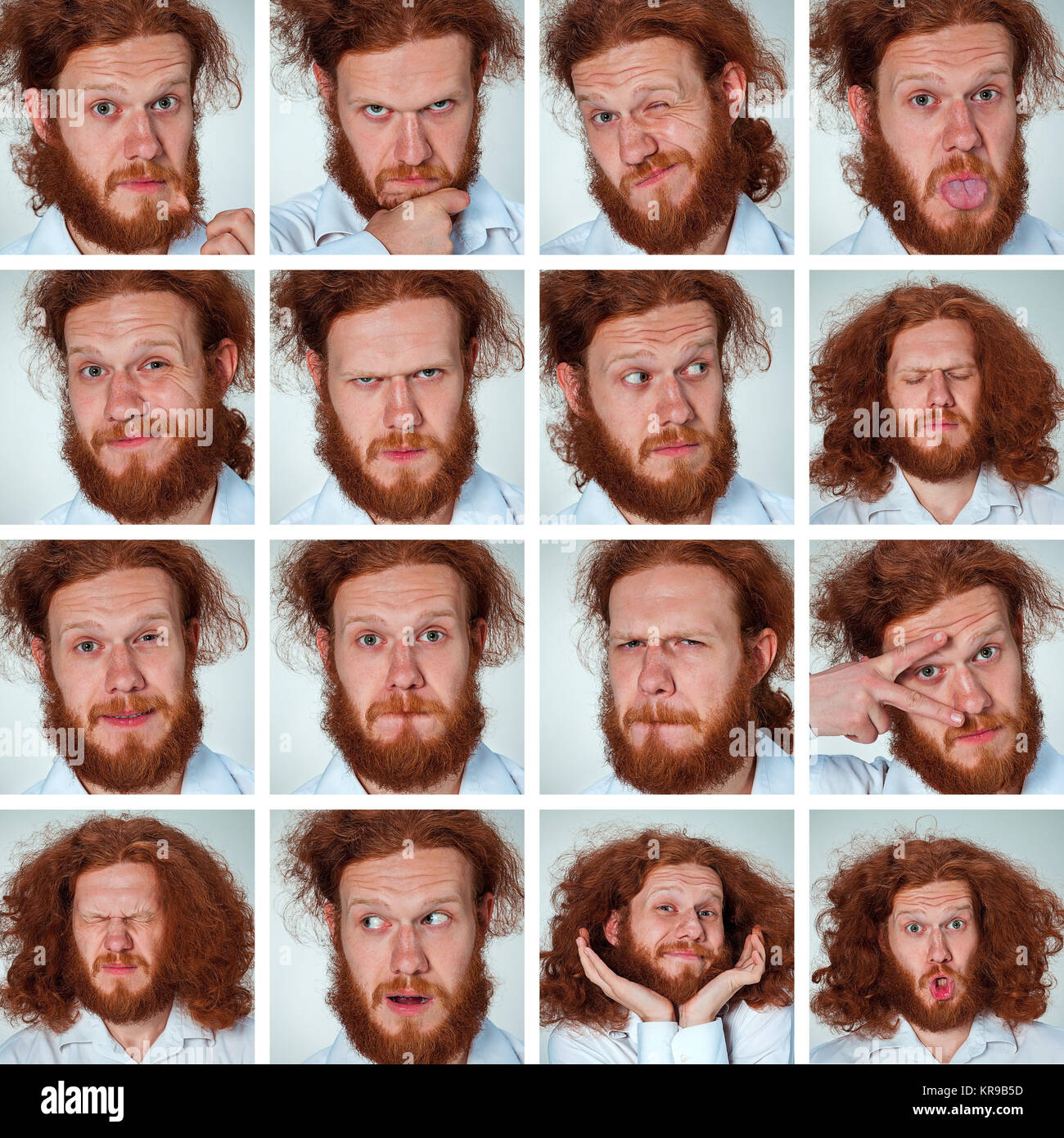 The young man funny face expressions composite on gray background Stock ...