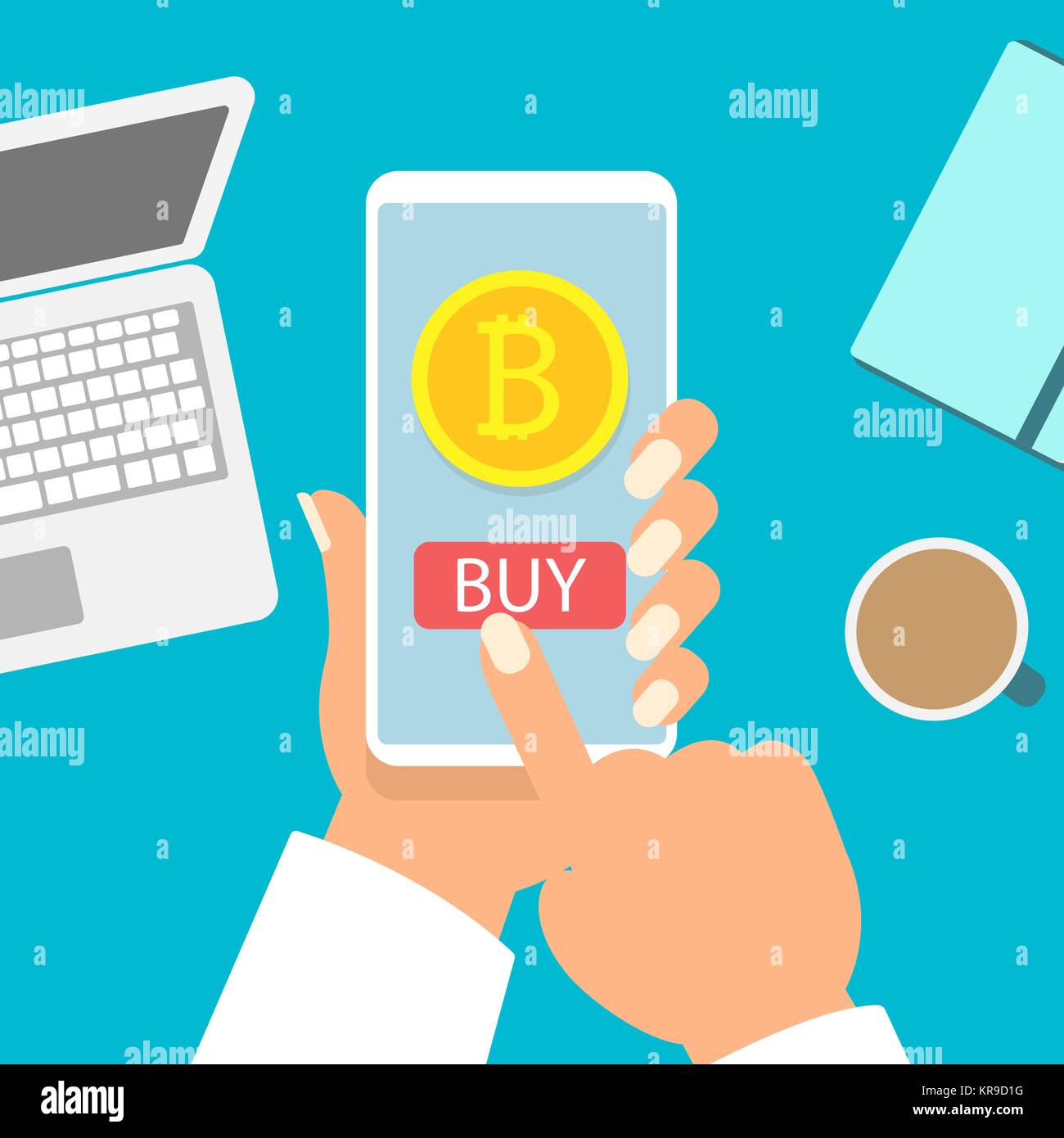 Business woman holding smartphone with Bitcoin, vector illustration ...