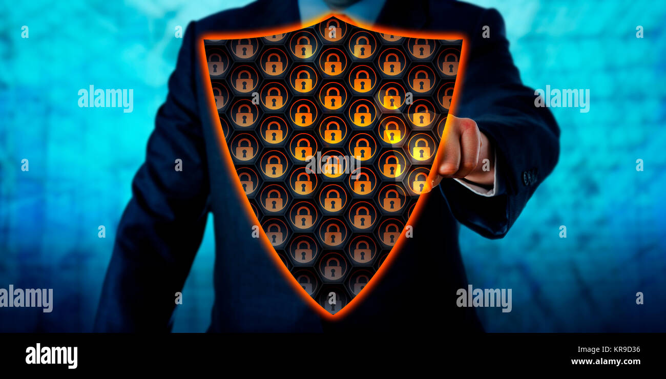 Businessman Activating Virtual Antivirus Shield Stock Photo - Alamy