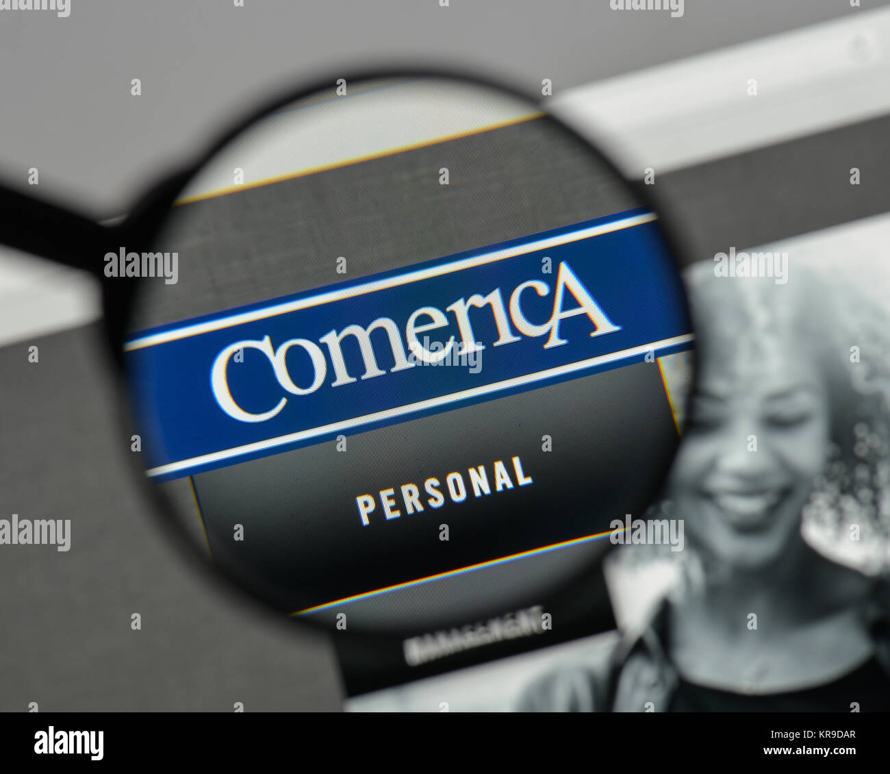 Milan, Italy - August 10, 2017: Comerica logo on the website homepage ...