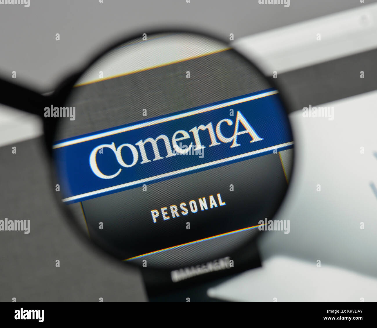 Milan, Italy - August 10, 2017: Comerica logo on the website homepage ...