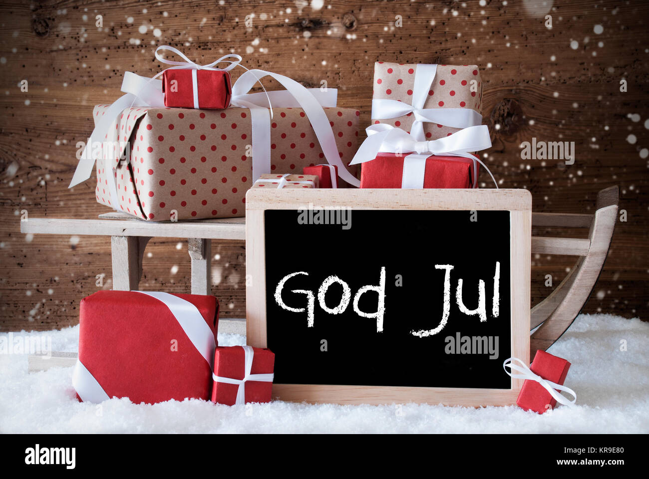 Chalkboard With Swedish Text God Jul Means Merry Christmas. Sled With ...