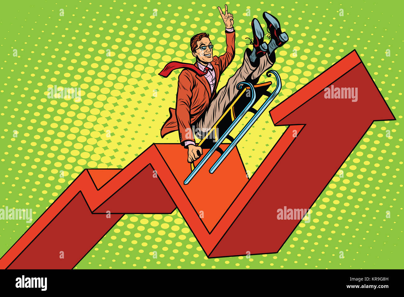Businessman on a sled, up arrow chart sales Stock Photo - Alamy