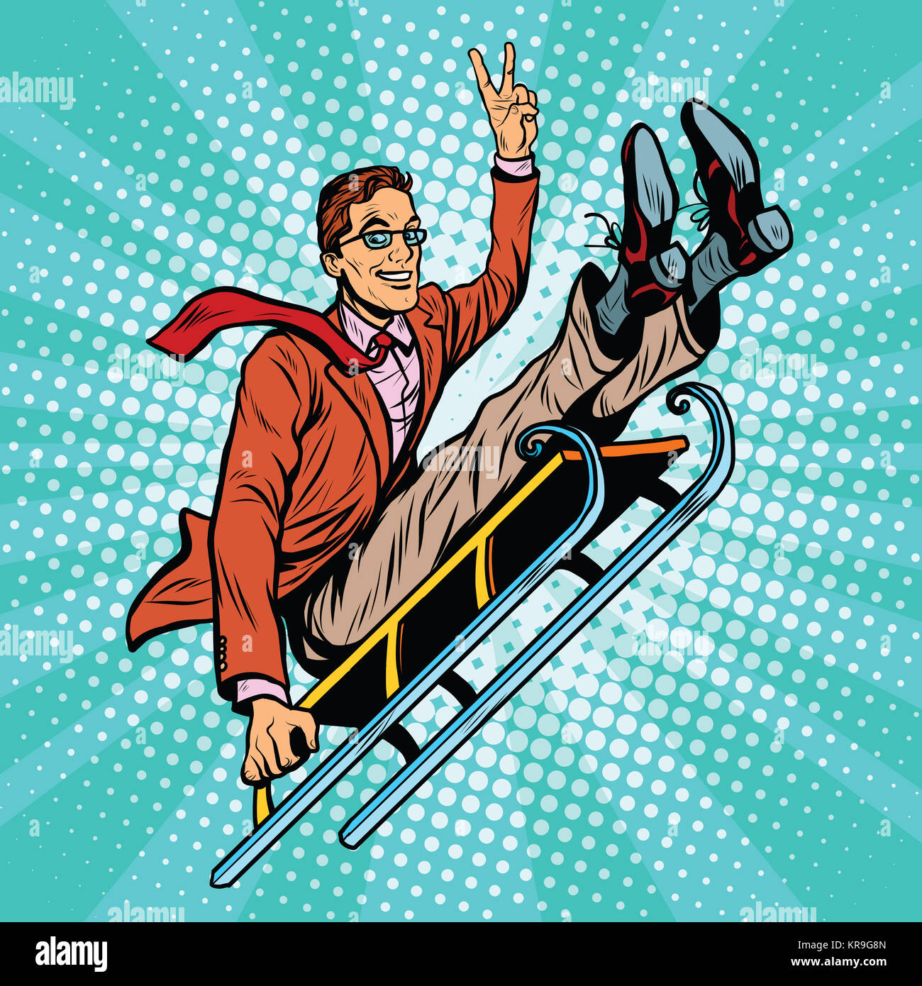 Retro man riding on a sled Stock Photo - Alamy