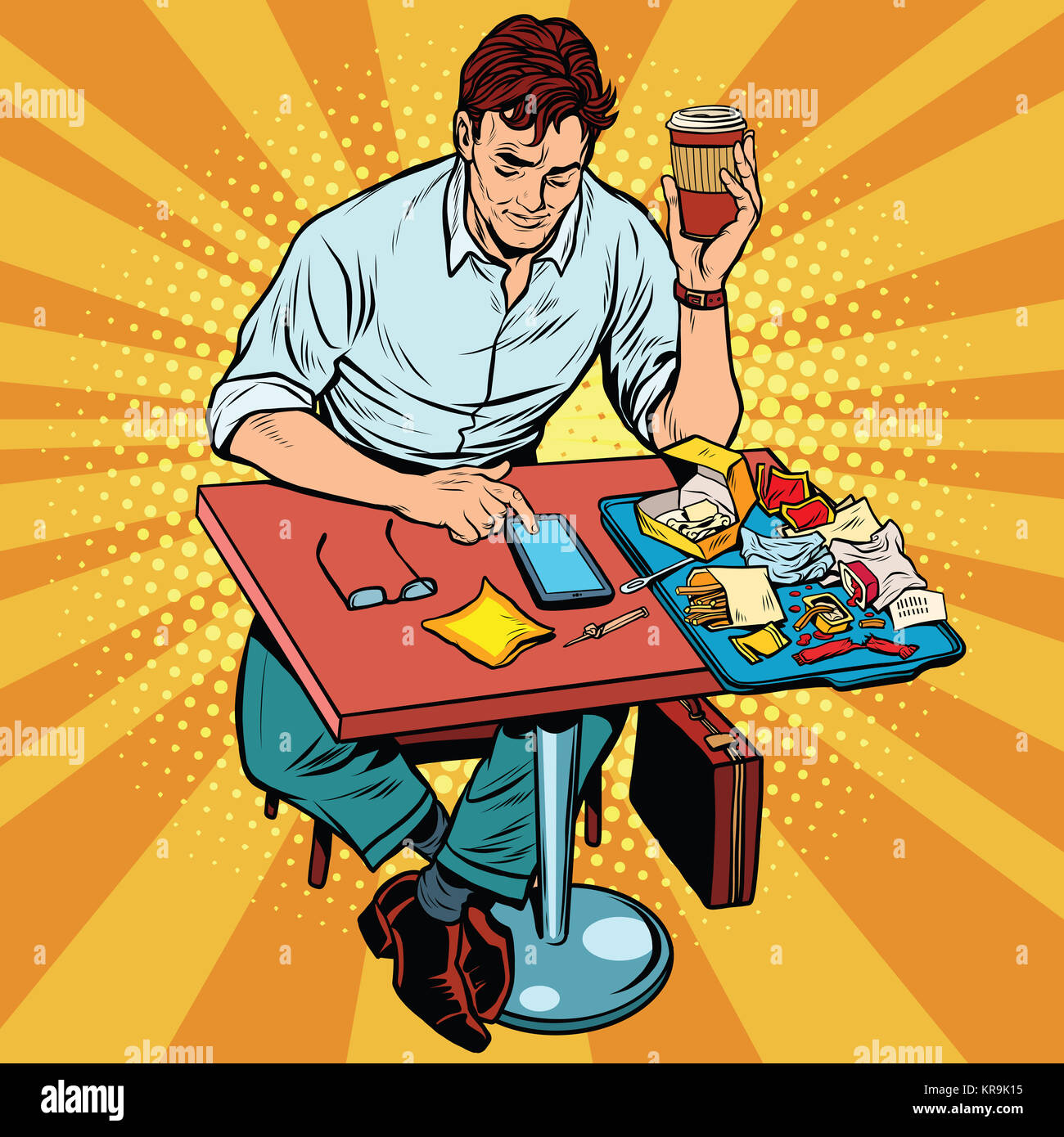 Pop art man eats lunch at a fast food restaurant Stock Photo - Alamy