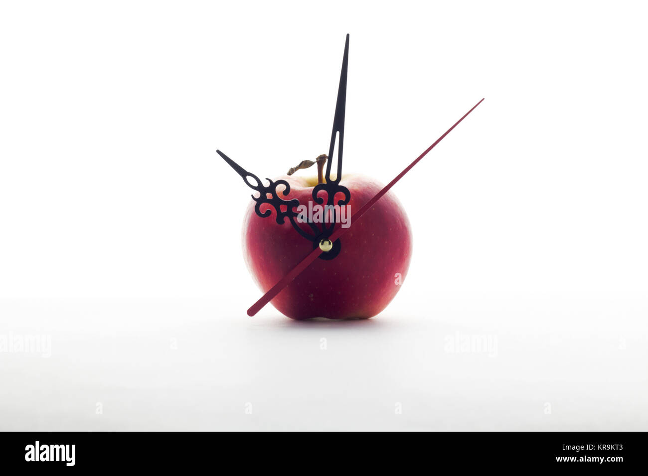 red ripe apple and clock hands on white background . Time concept or ...