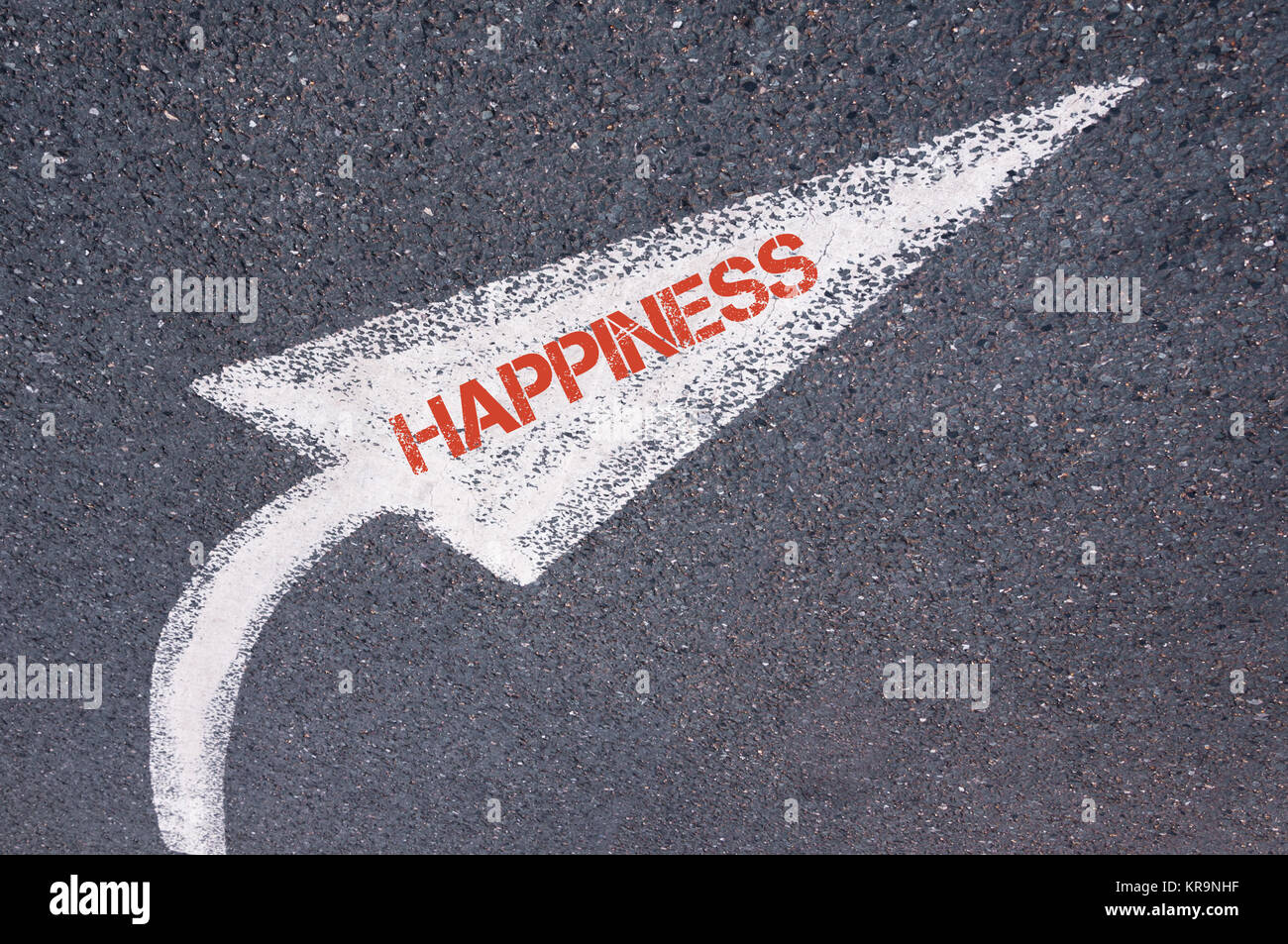 Directional white painted arrow with word HAPPINESS over road surface ...