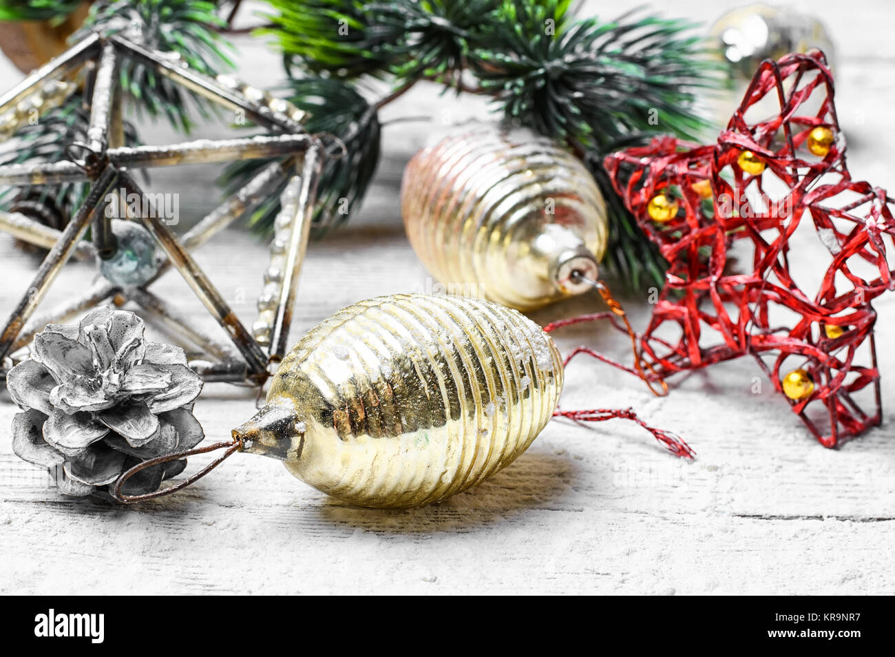 Fashionable retro Christmas decorations of the Soviet era on white ...