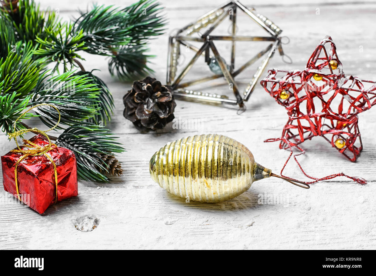 Fashionable retro Christmas decorations of the Soviet era on white ...