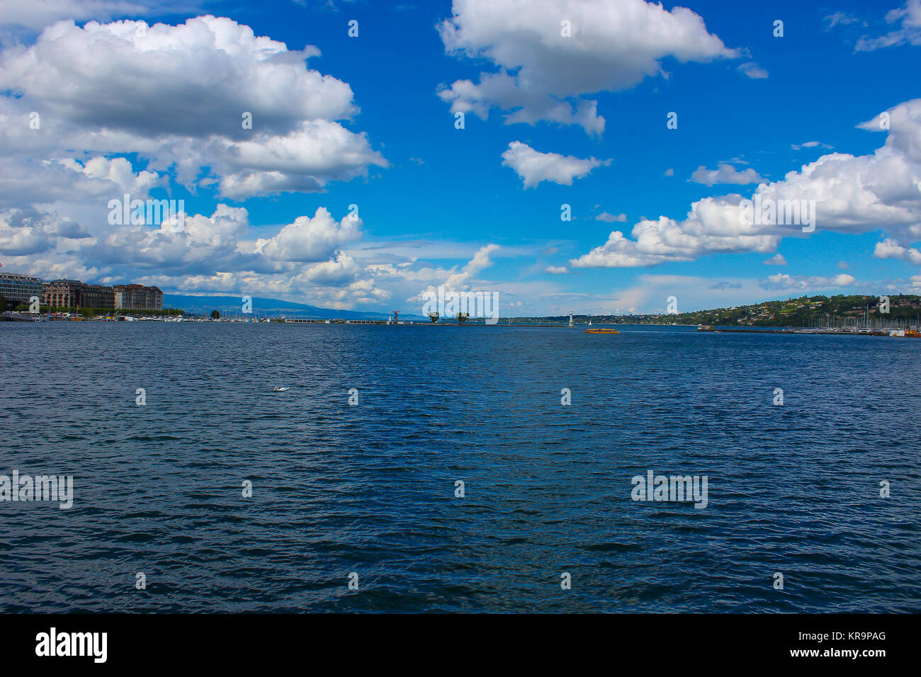 Hrbor district with blue sky and clouds in summer, Canton of Geneva ...