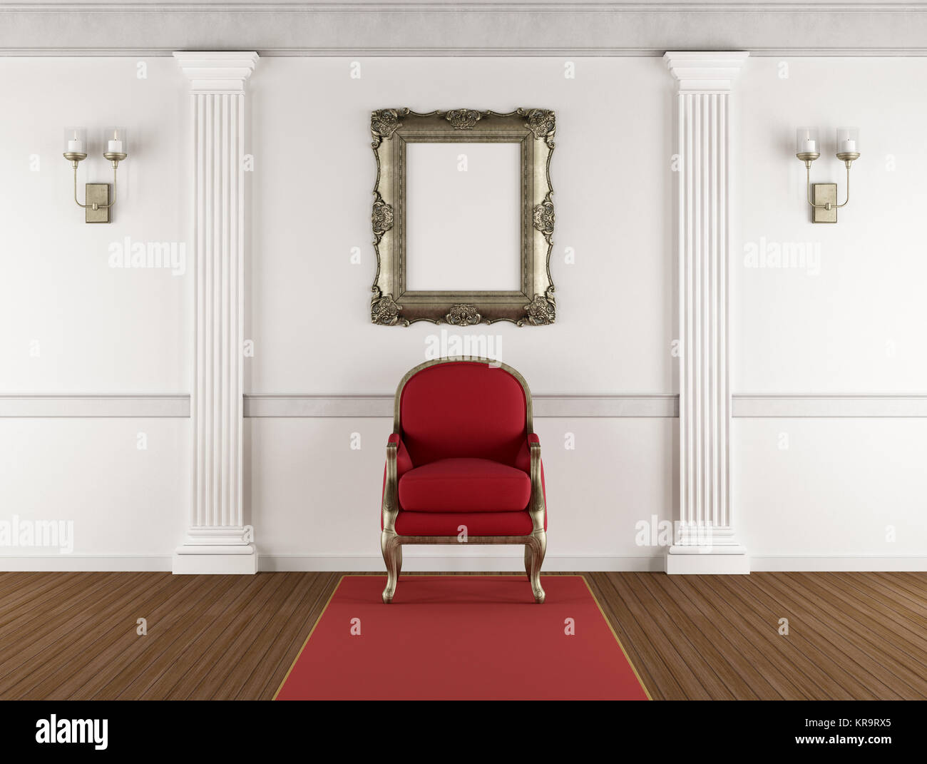 White classic interior with red armchair Stock Photo - Alamy