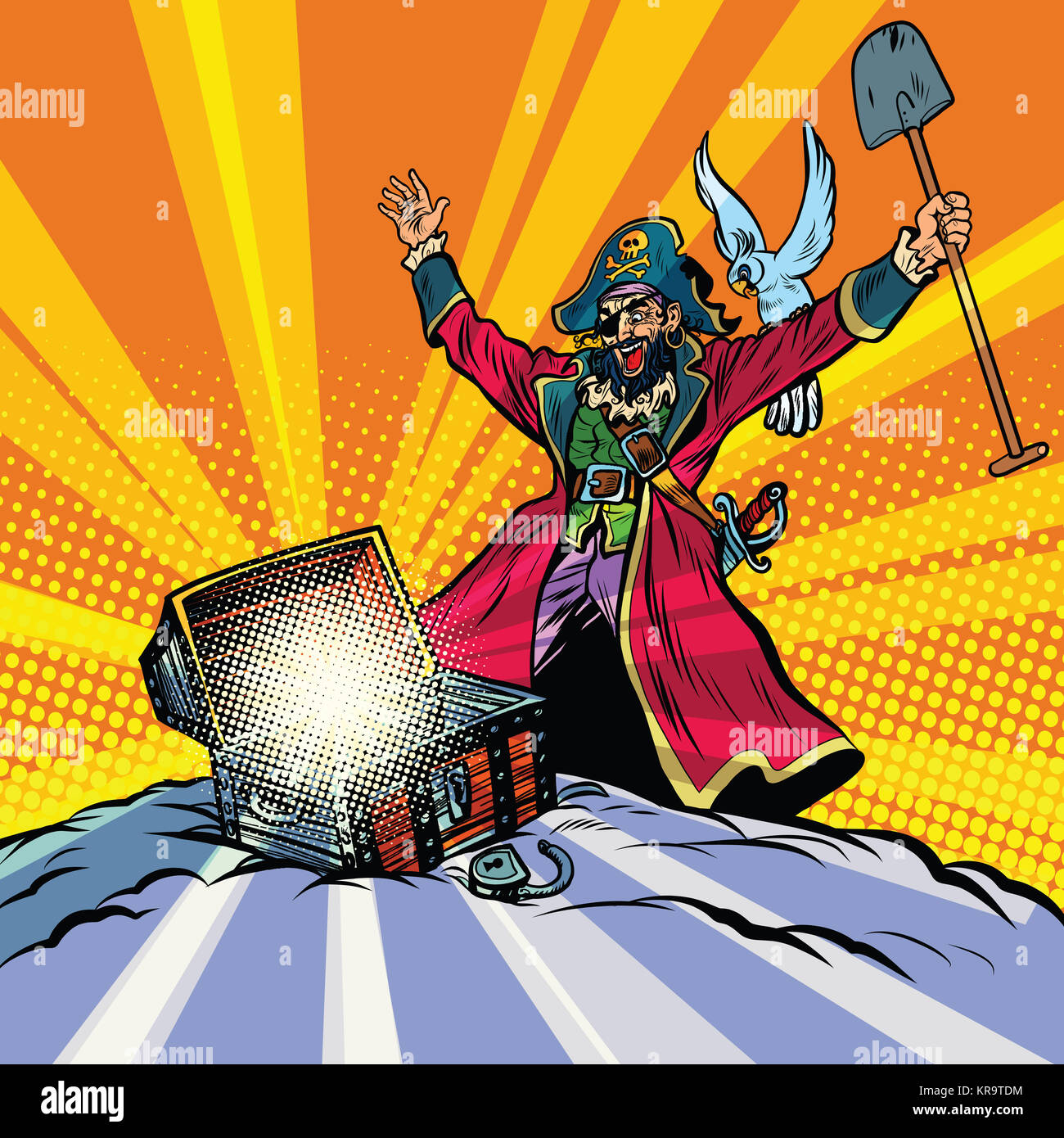 Pirate treasure, captain, parrot and a chest of gold Stock Photo - Alamy