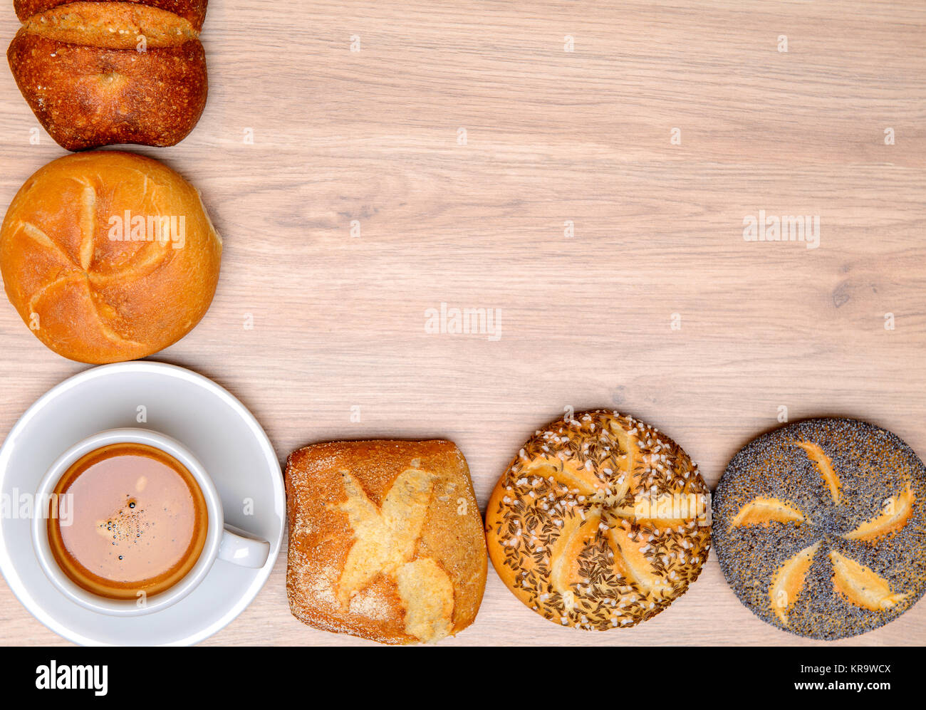 german baps with coffee on wooden ground from above Stock Photo - Alamy
