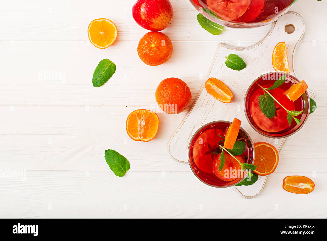 Sangria with fruits and mint on a white background. Top view Stock ...