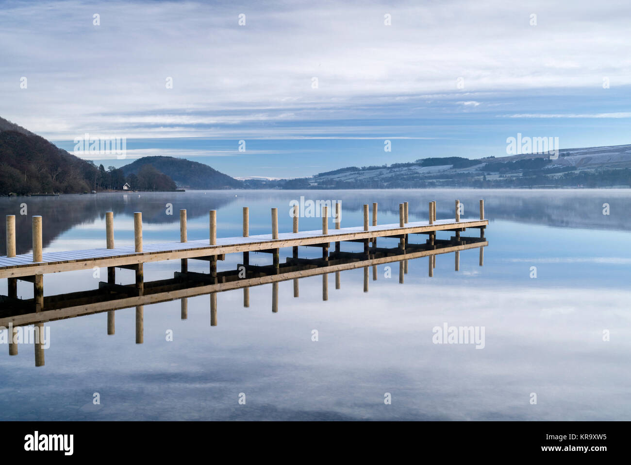 Frost covered jetty at Ullswater The English Lake District UK Stock ...