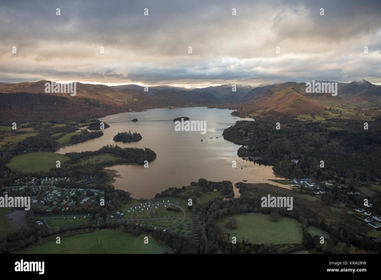 An aerial view of Derwentwater near Keswick early on a winter morning ...