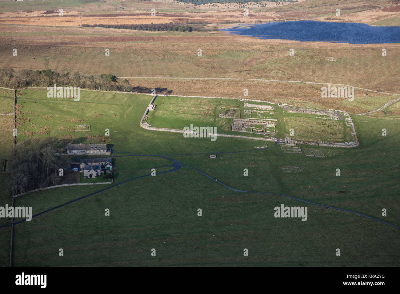 An aerial view of the Housesteads Roman Fort on Hadrian's Wall ...