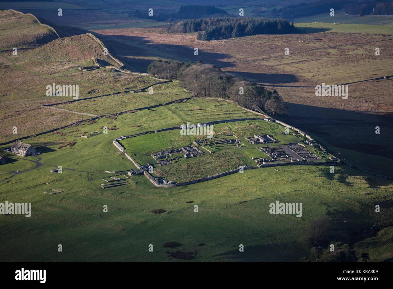 An aerial view of the Housesteads Roman Fort on Hadrian's Wall ...
