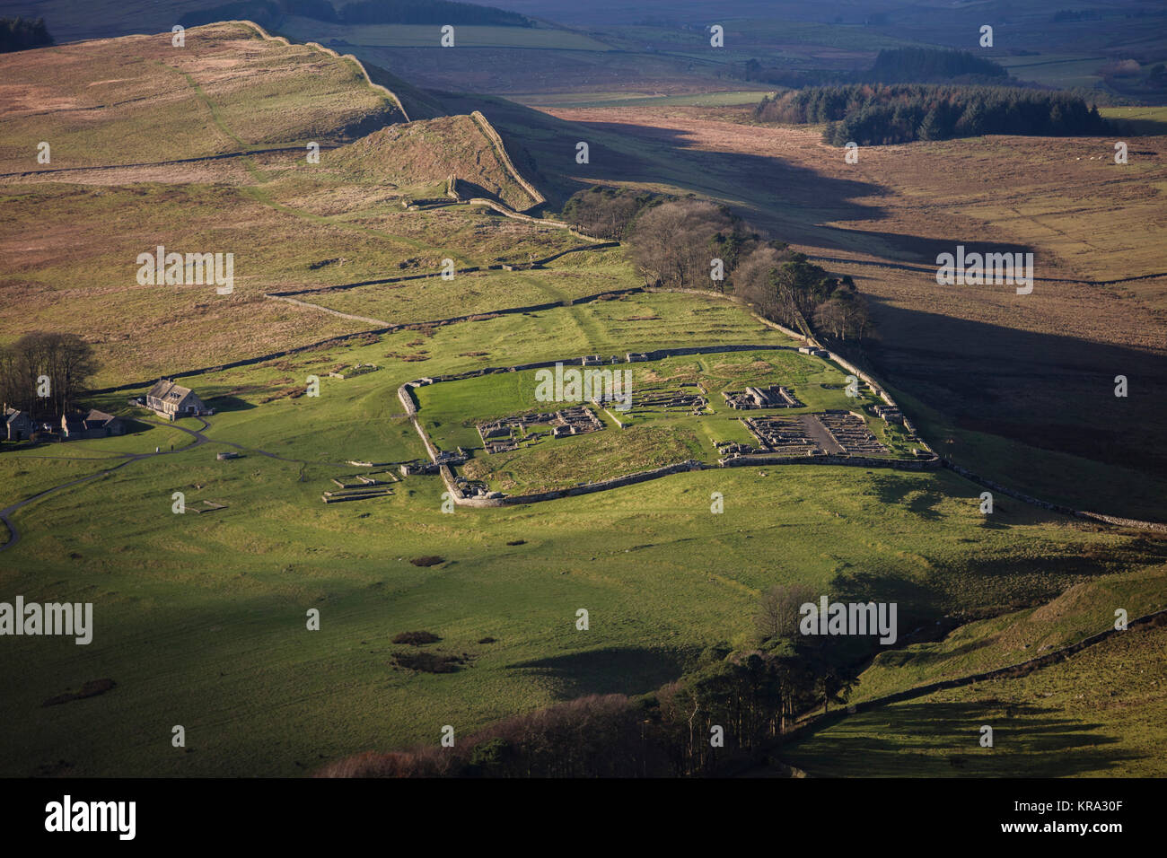 An aerial view of the Housesteads Roman Fort on Hadrian's Wall ...