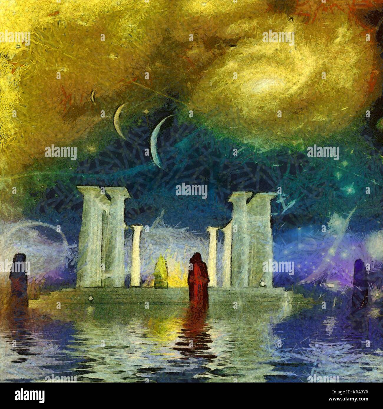 Surreal painting. White temple on water surface. Monks around him ...