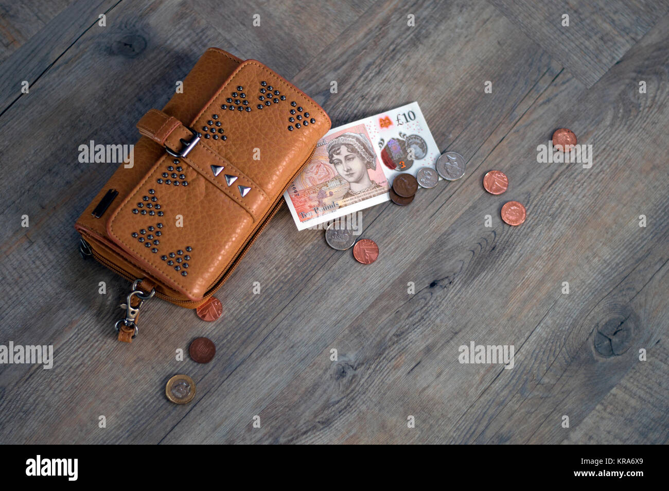 Money (loose change) and wallet on oak plank background Stock Photo - Alamy