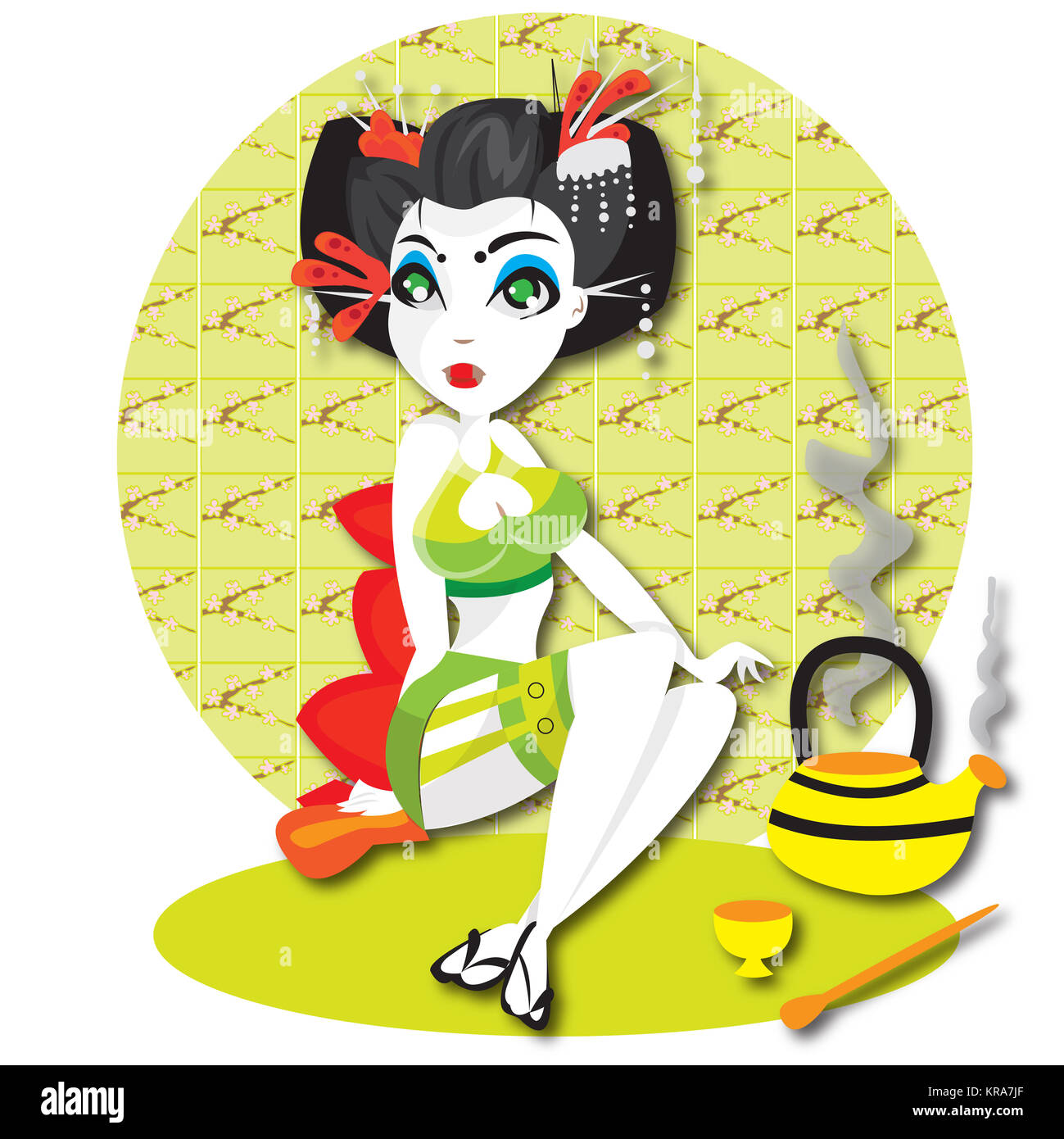 This illustration represents a young geisha while drinking tea Stock ...