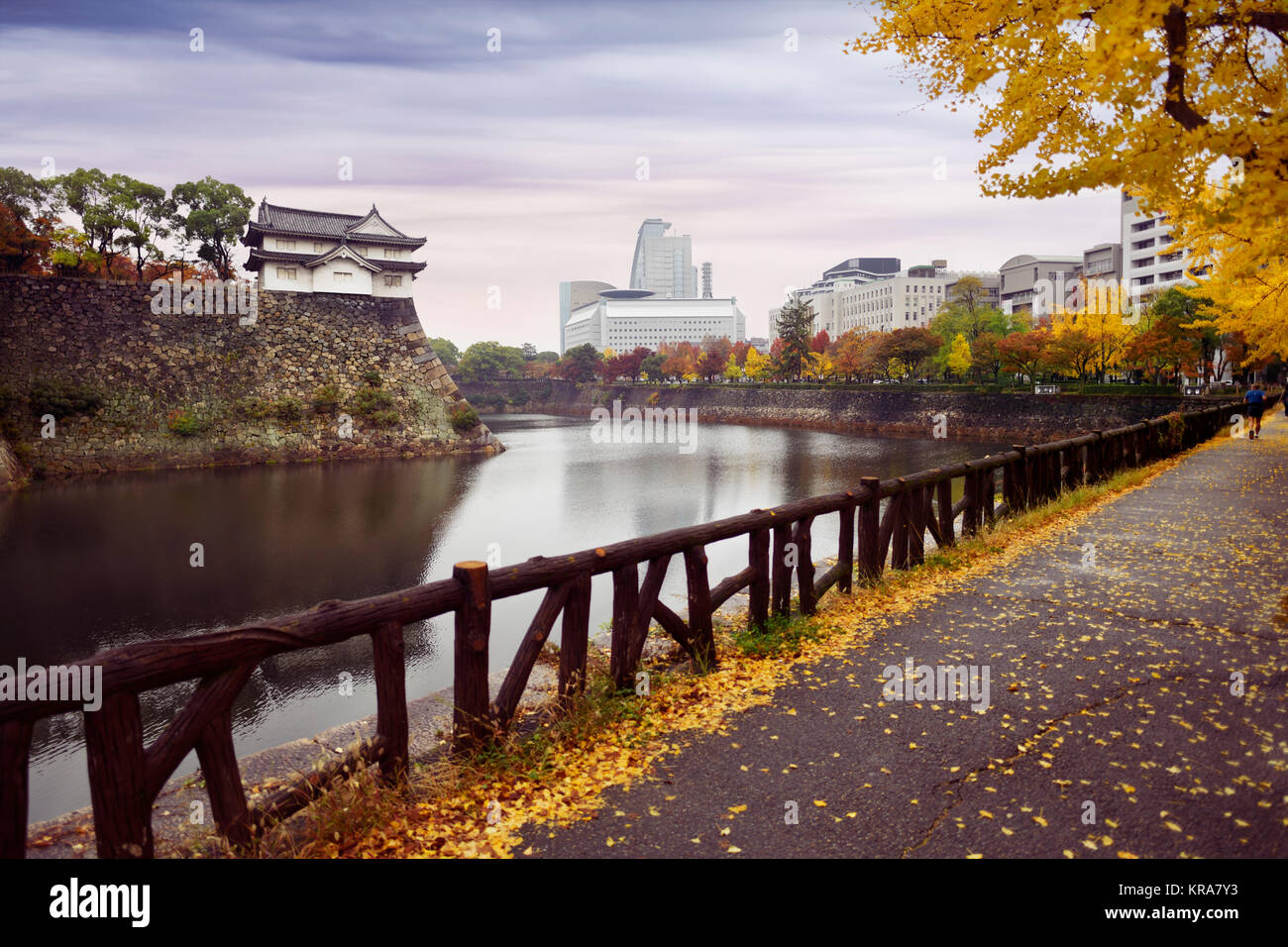 Walkway path along Osaka Castle Park inner moat canal with ...