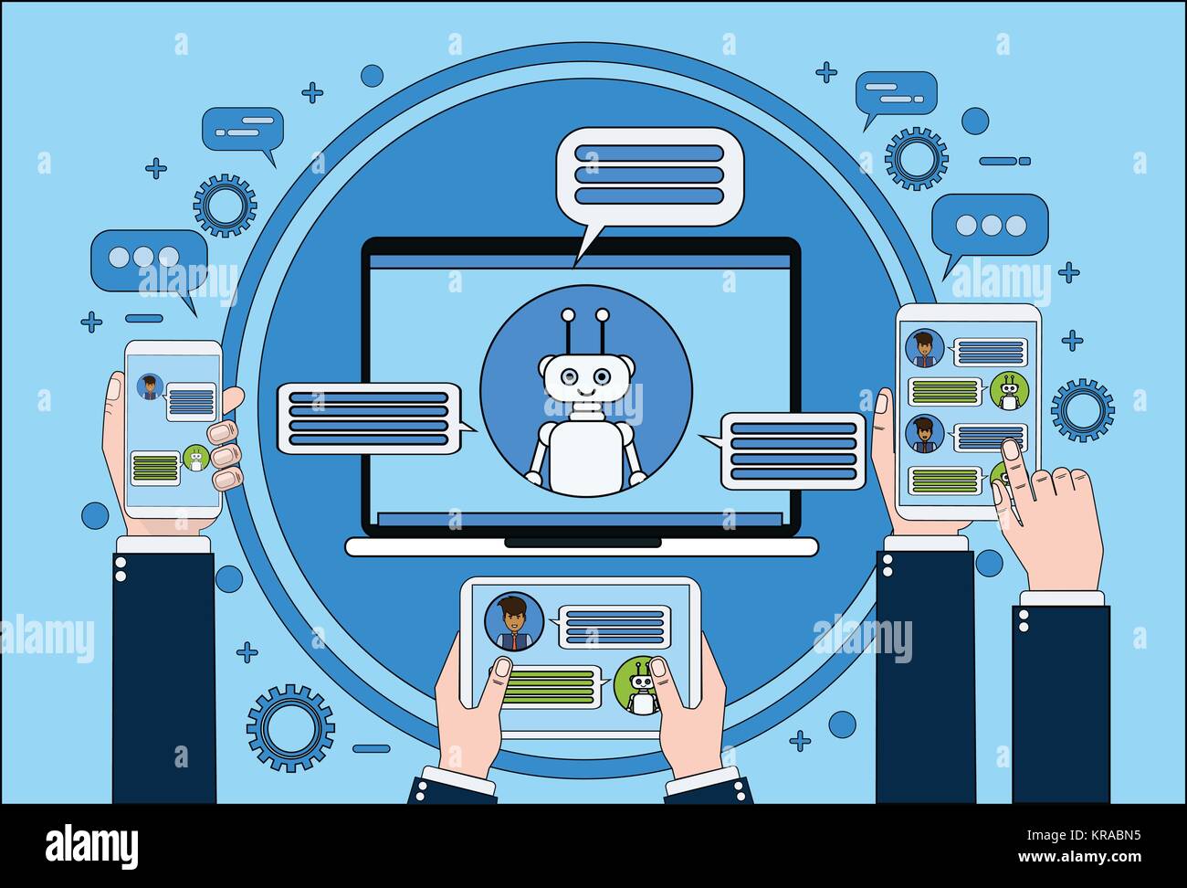 Chat Bot Concept Hand Holding Laptop, Tablet And Smart Phone Chatting ...