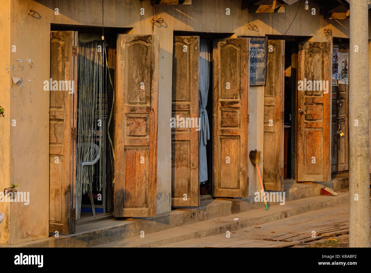 Hsipaw, Myanmar - Feb 23, 2016. Old building with windows at downtown ...