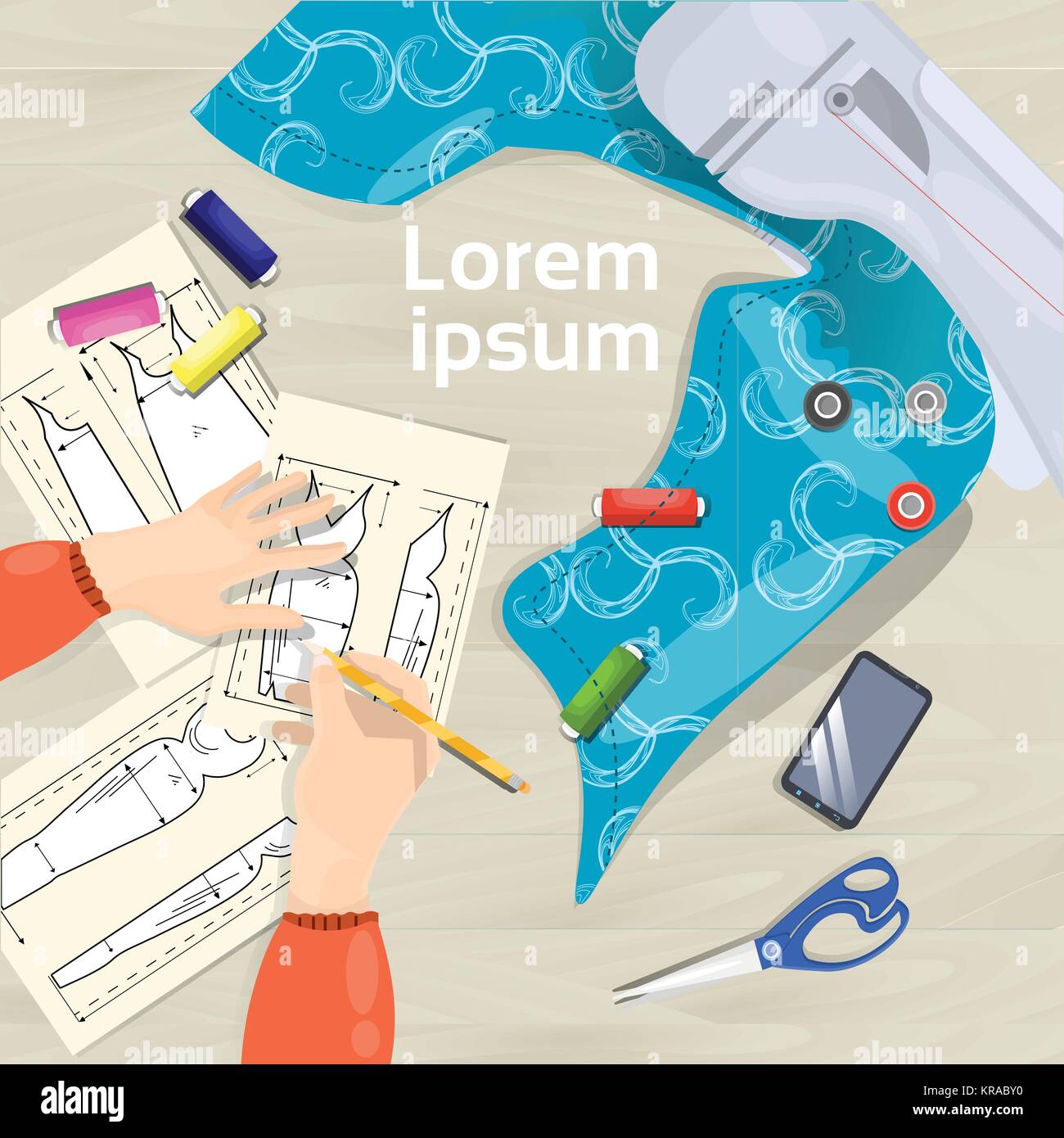 Fashion Designer Working Table Top Angle View Workplace Concept Hands ...