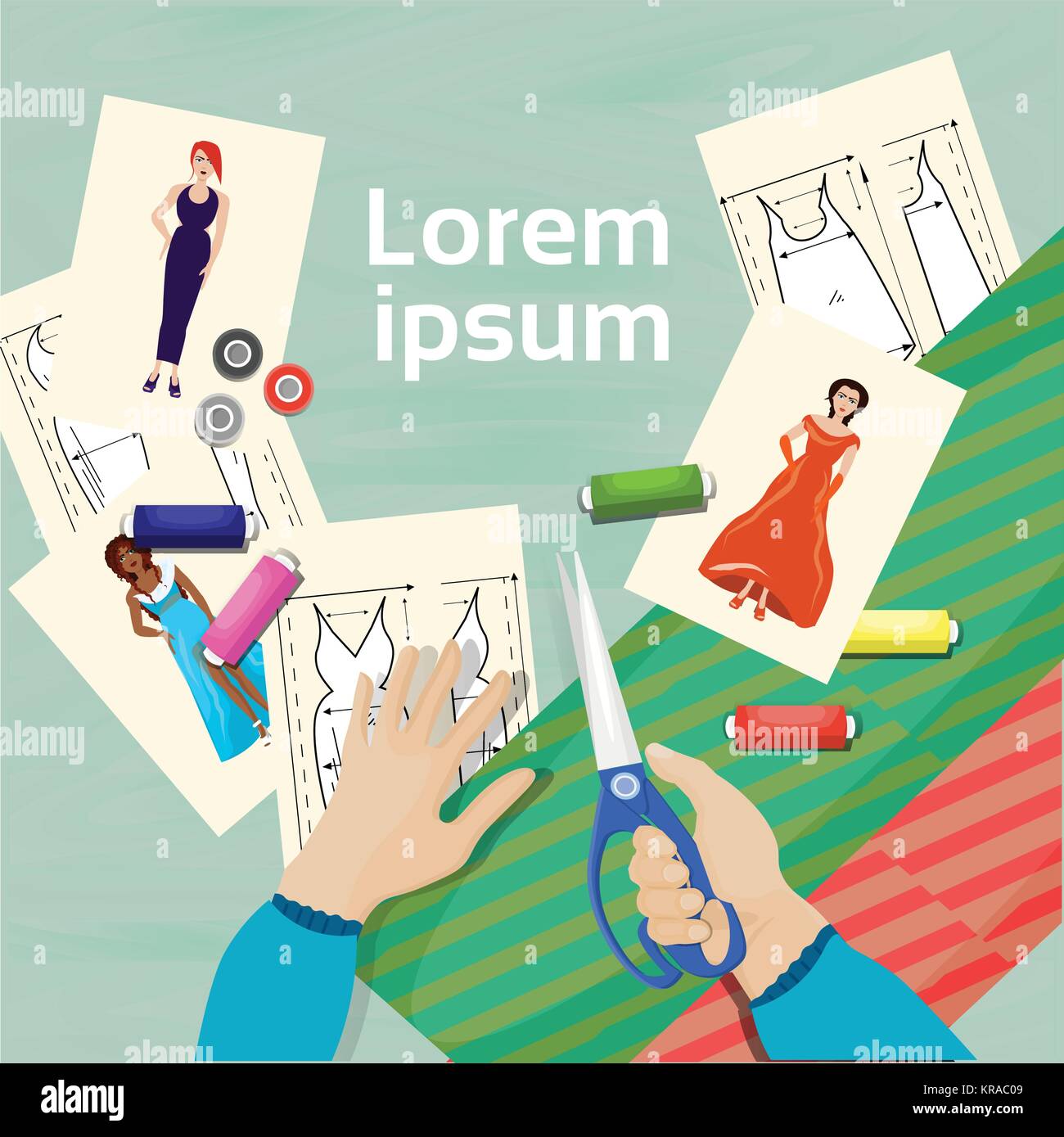 Fashion Designer Working Table Top Angle View Workplace Concept Hands ...