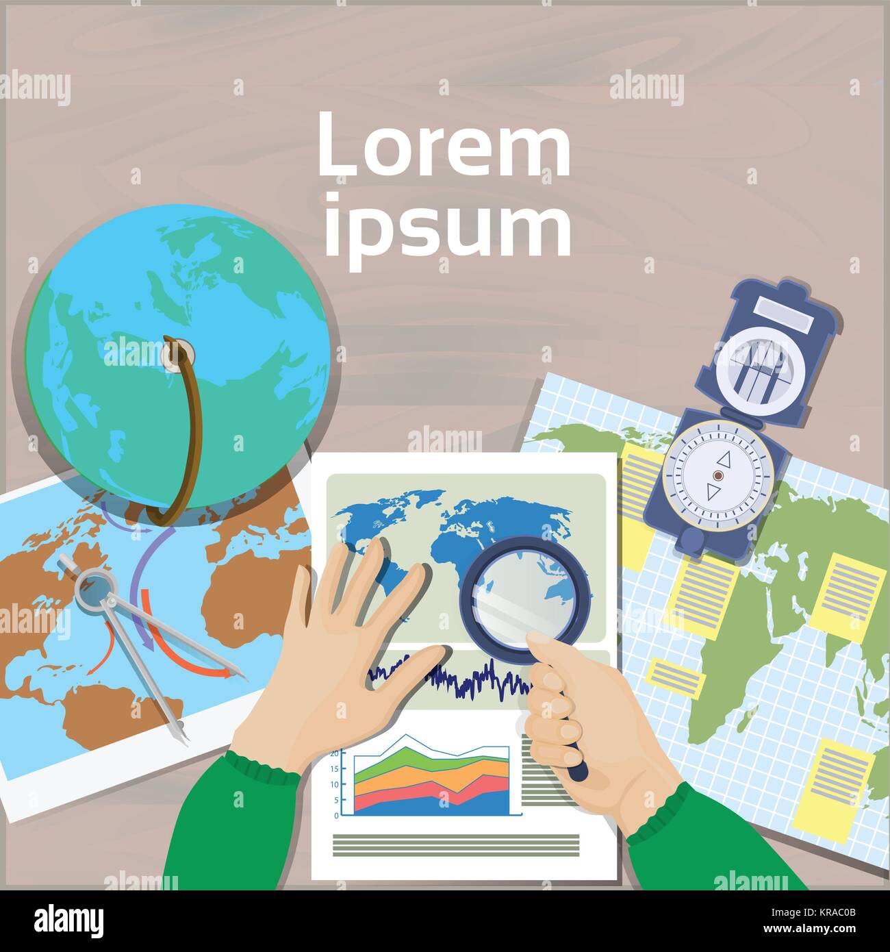 Hand Hold Magnifying Glass Study Maps Top Angle View Of Workplace ...