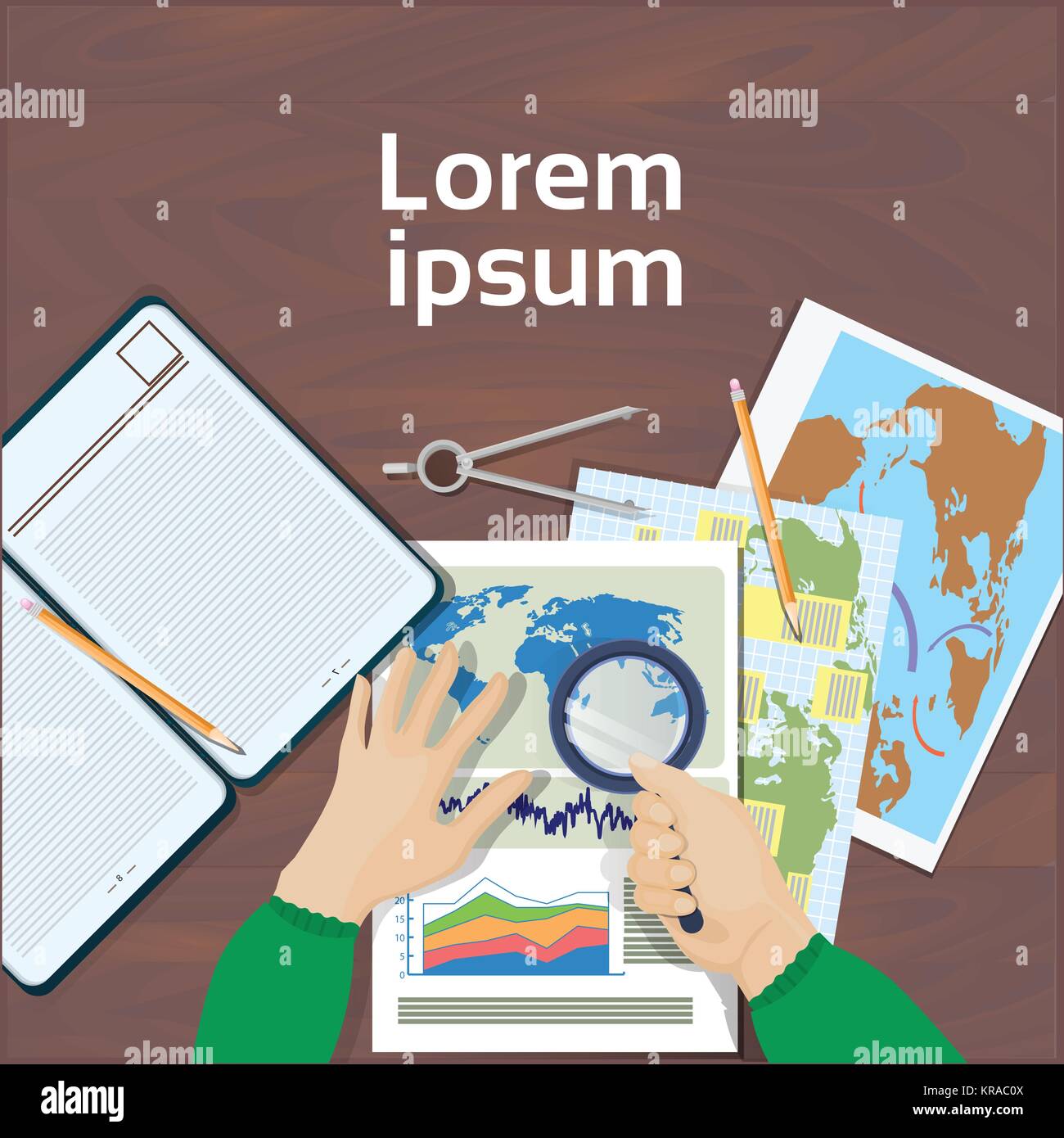 Hand Hold Magnifying Glass Study Maps Top Angle View Of Workplace ...