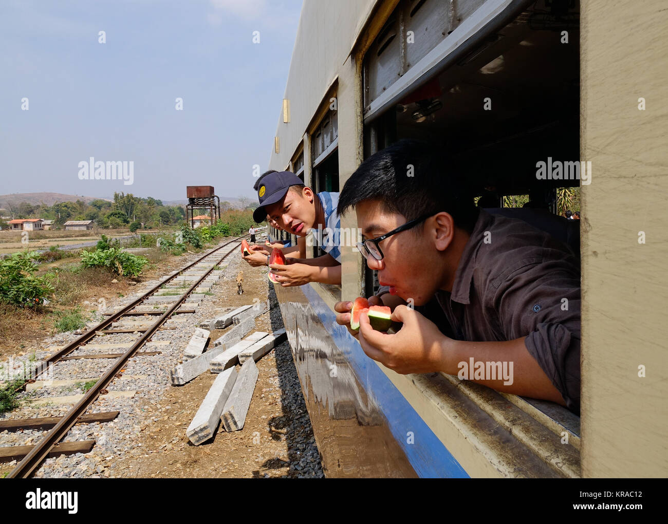 Shan, Myanmar - Feb 23, 2016. Passengers on the train in Shan State ...