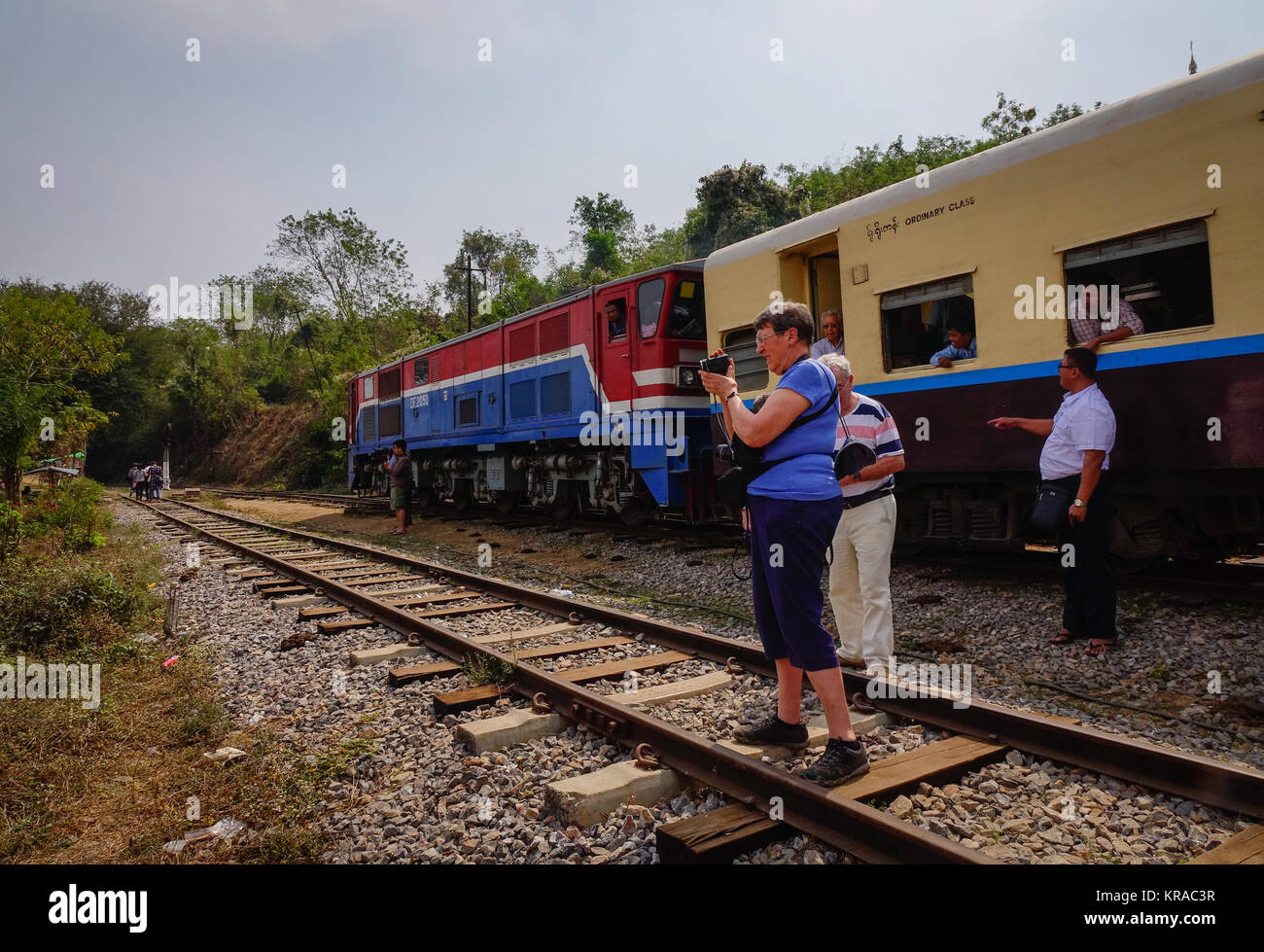 Shan, Myanmar - Feb 23, 2016. Local train with passengers in Shan State ...