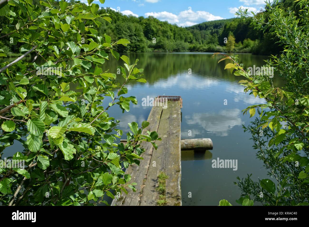 wooden pier on the lake with reflection in the water Stock Photo - Alamy